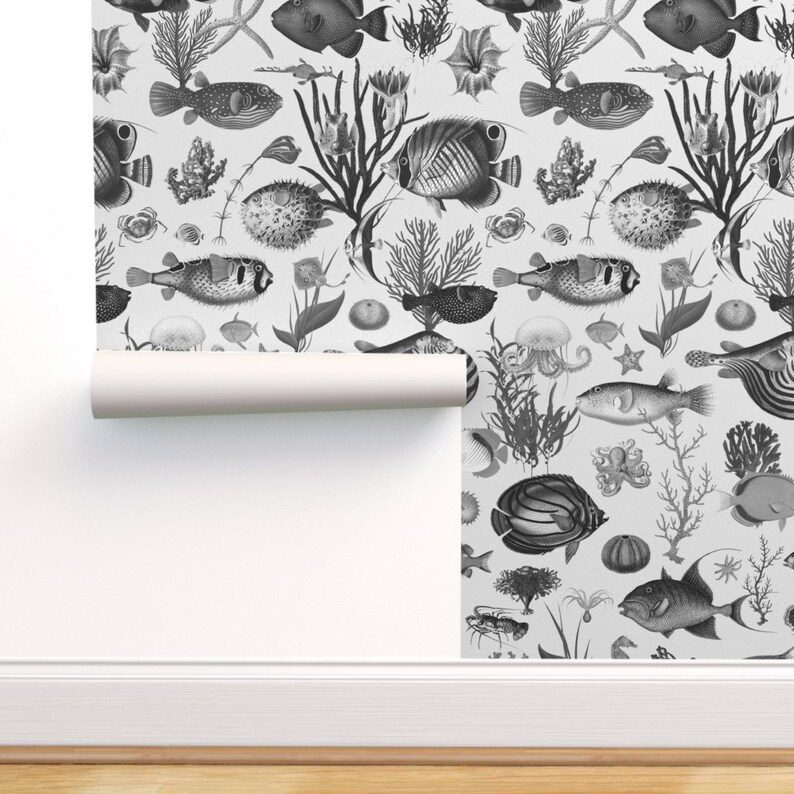 Ocean Fish Wallpaper Stone White Pale Grey Black REMOVABLE Peel and ...