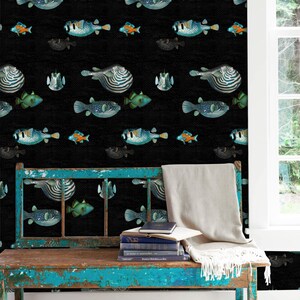 Acquario Fish Wallpaper Black Teal Orange REMOVABLE Peel and Stick Self ...