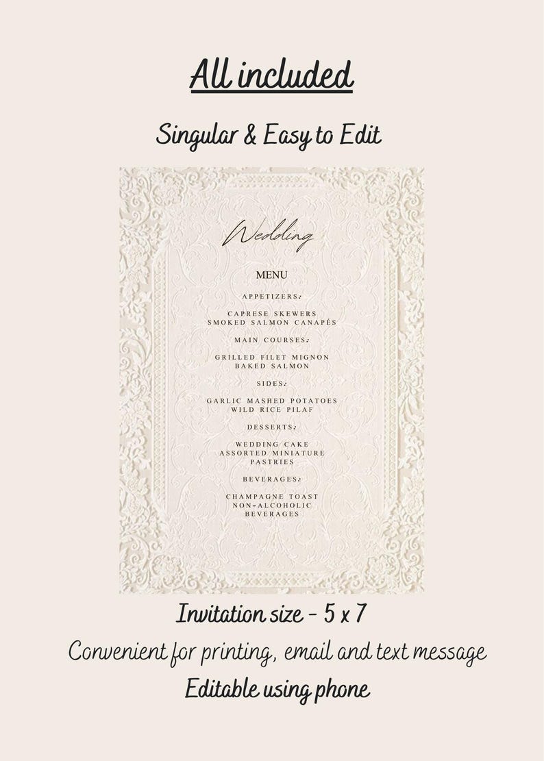 Editable Elegant Wedding Menu Template Instant Download - Etsy