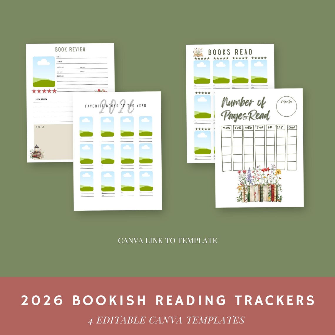 4 2026 Canva Bookish Reading Tracker Templates for Planners | 8.5x11 ...
