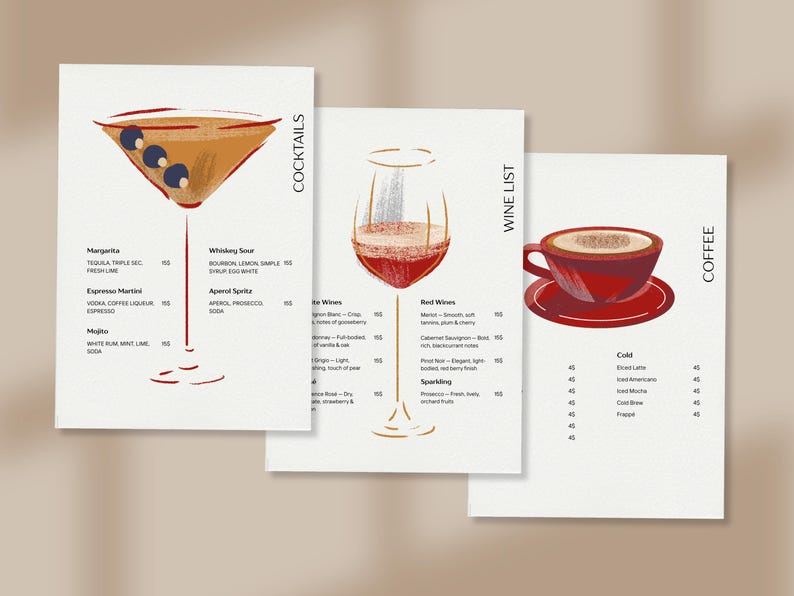Editable Drinks Menu Template Bundle: Food, Wine, Cocktails (a5 Canva ...