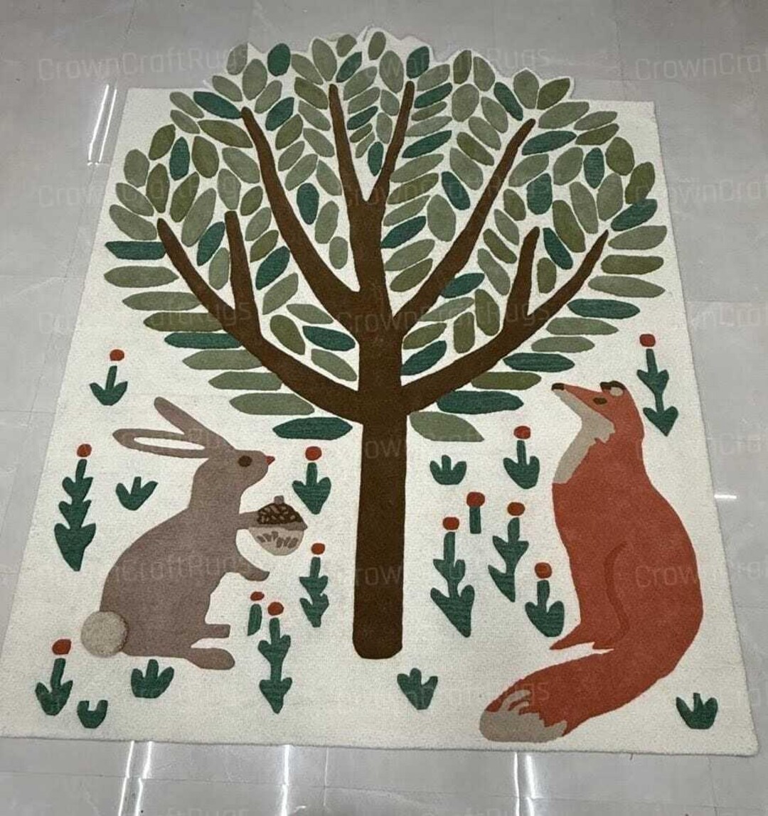 Handmade Wool Tufted Woodland Rug | Rabbit, Fox & Tree Nursery Decor - Etsy