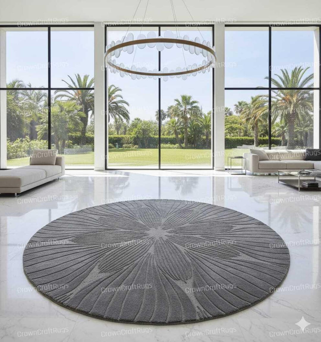 Handmade Grey Round Area Rug | Abstract Floral, Luxury Texture - Etsy