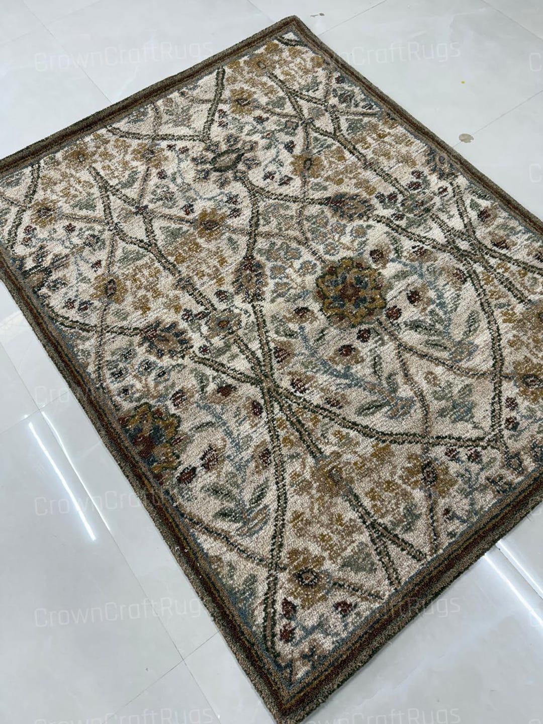 Over-tufted Vintage Rug – Beige & Olive Green Distressed Traditional ...