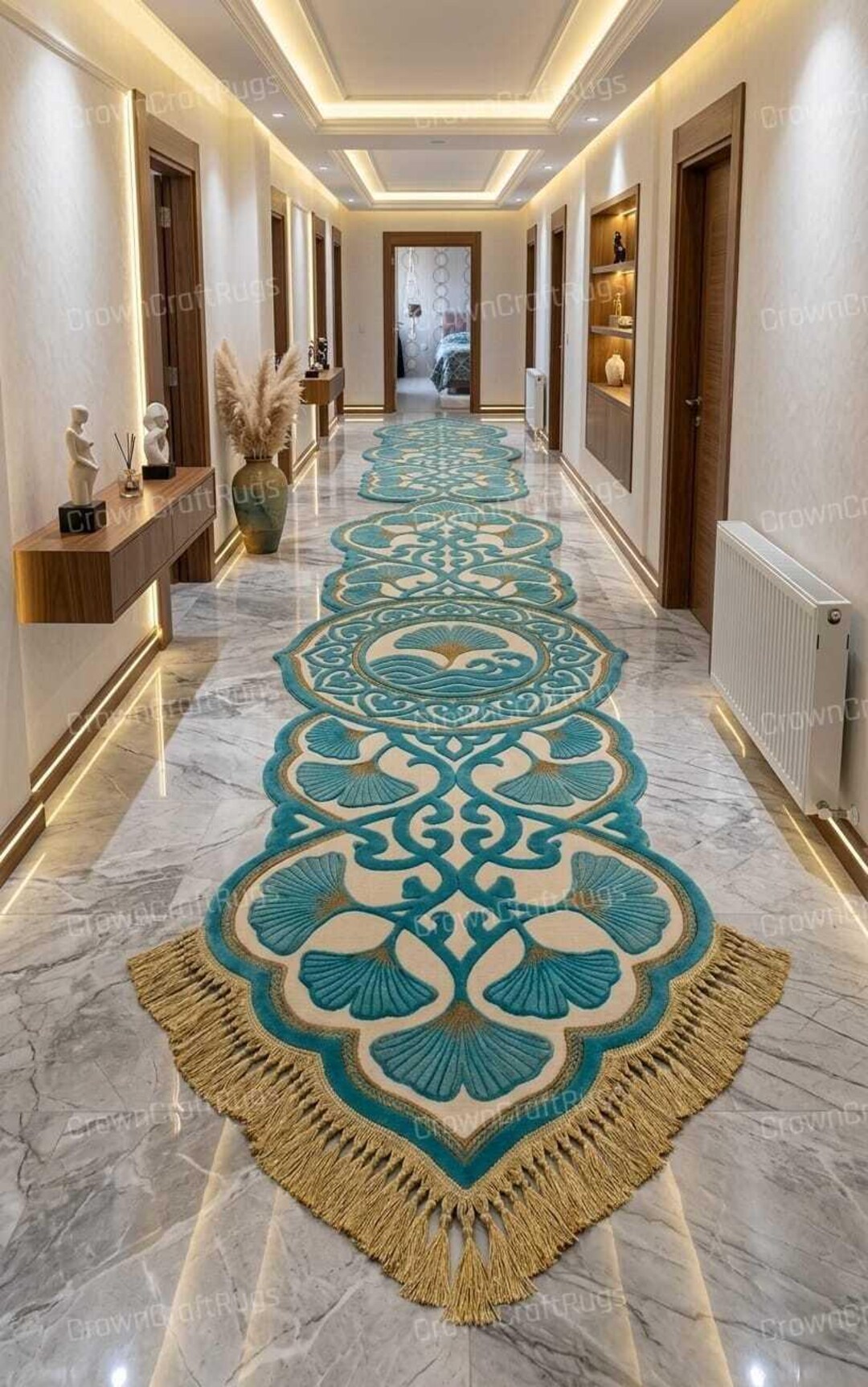 Hand-tufted Turquoise Runner – Ginkgo Leaf 3D Textured Area Rug, Gold ...