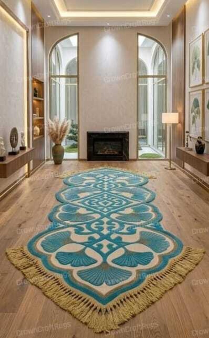 Hand-tufted Turquoise Runner – Ginkgo Leaf 3D Textured Area Rug, Gold ...