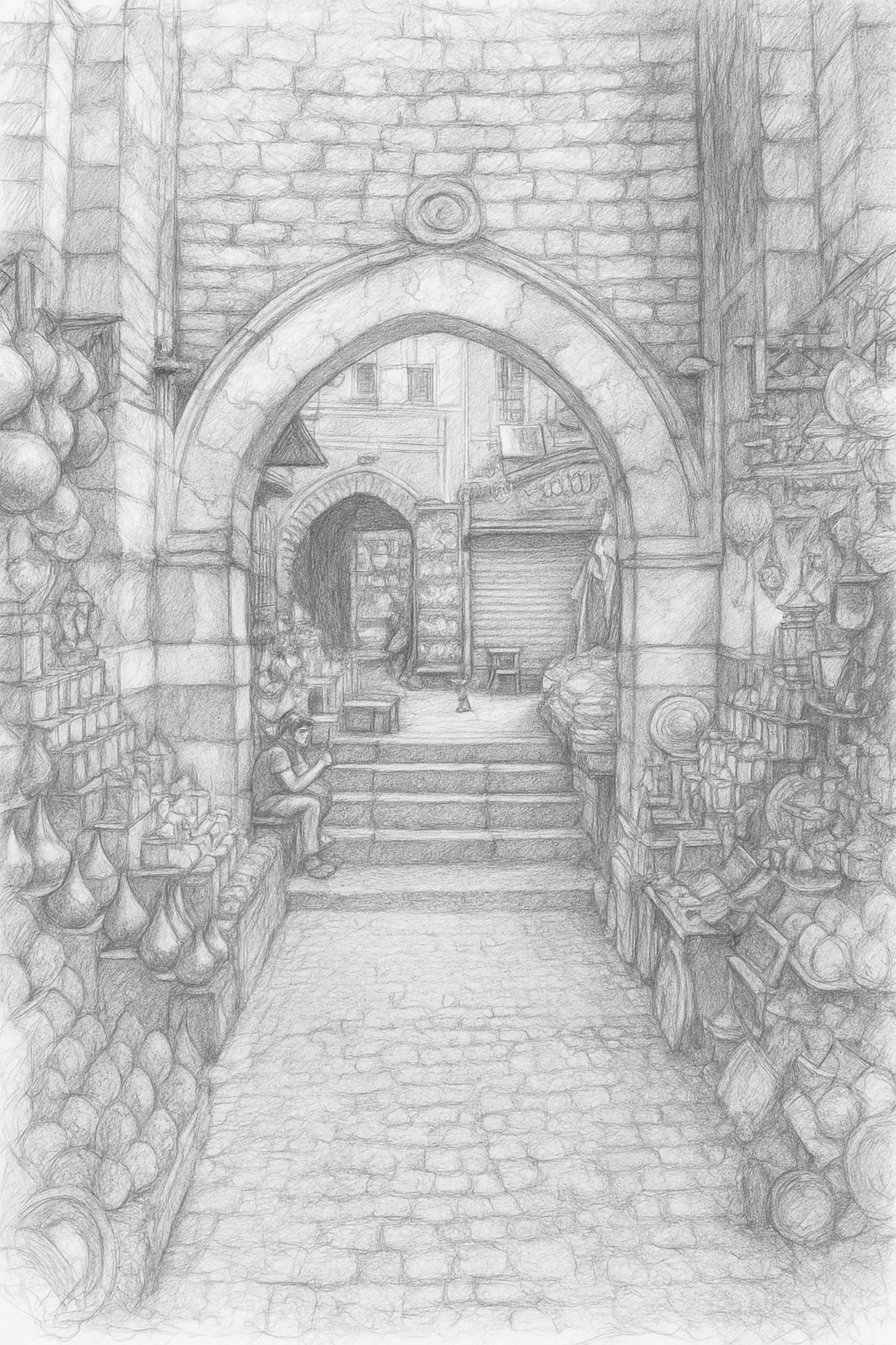 Black and White Pencil Sketch of a Cairo Bazaar Souk Khan El Khalili ...