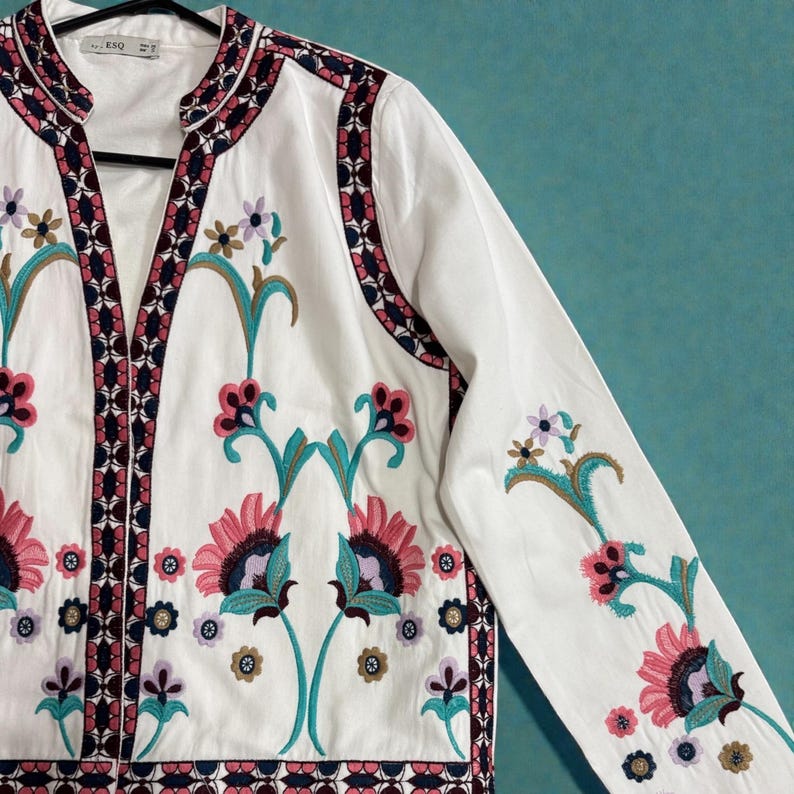 White Denim Jacket With Floral Embroidery – Open Front Spring Jacket - Etsy