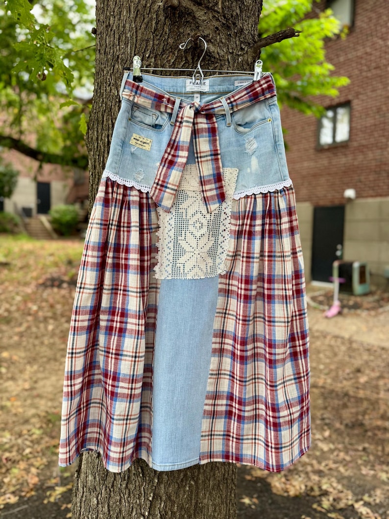 Upcycled Denim Maxi Skirt | Red White Blue Plaid Lace Panel, Boho ...