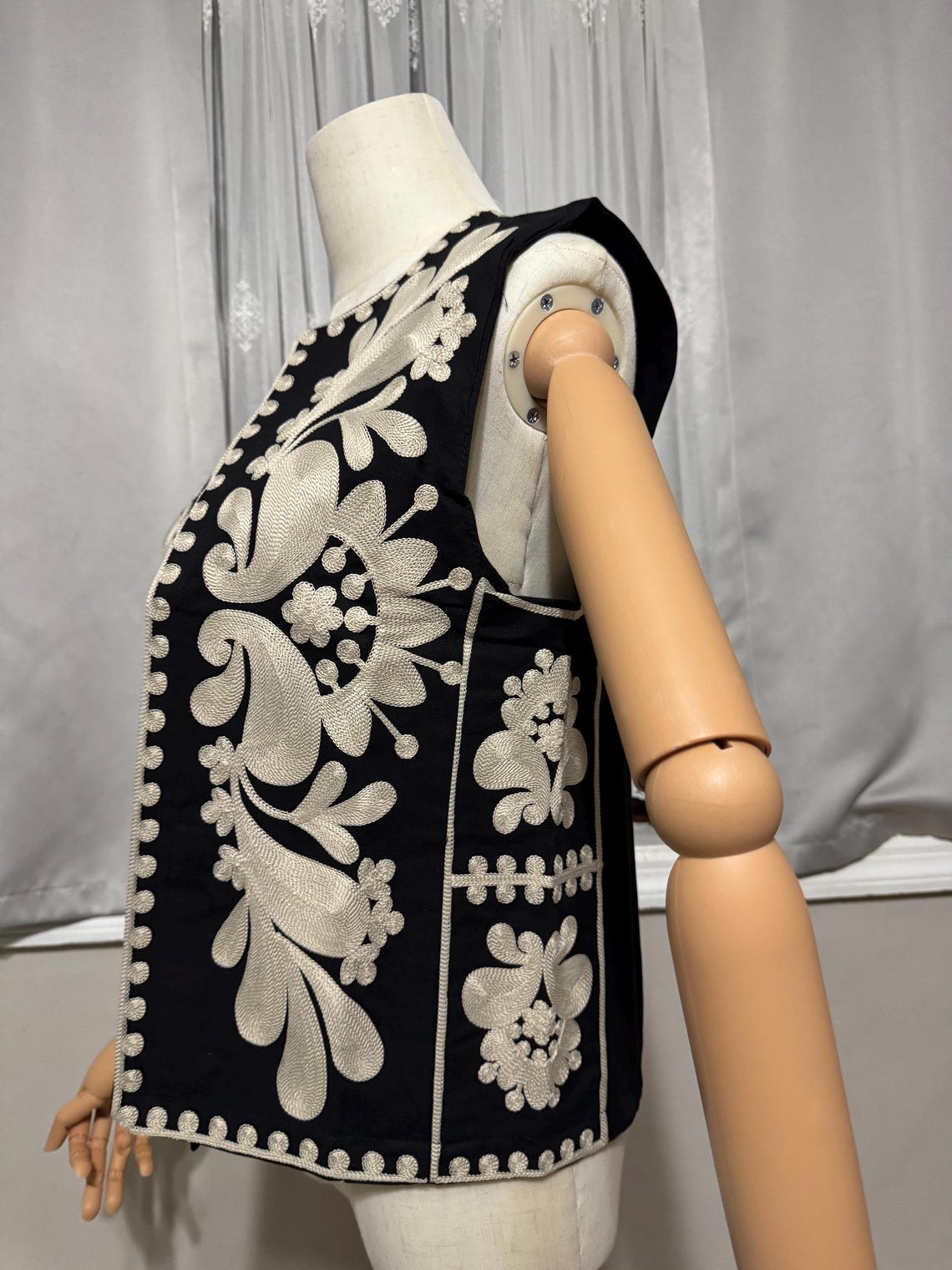 Black Cotton Vest | Cream Floral Embroidery, Dot Trim, Boho Folk Layer ...