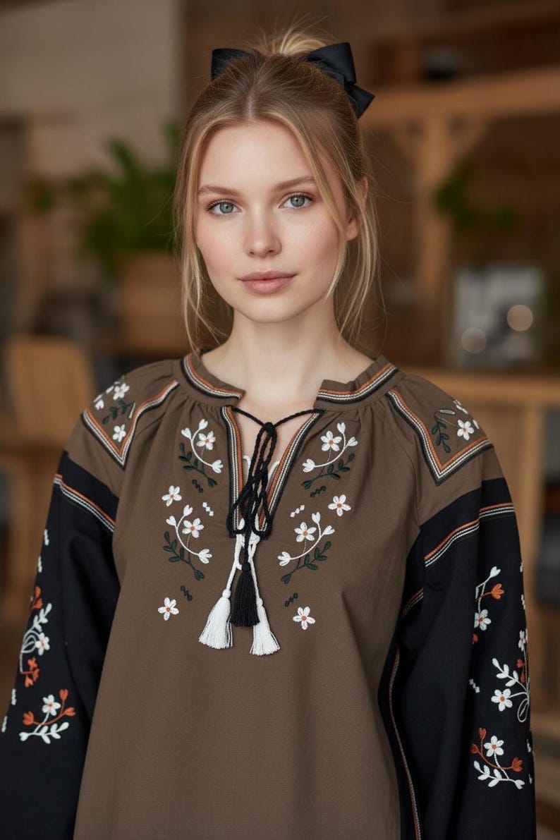 Embroidered Tie-front Blouse – Turkish & Ukrainian Folk Style Floral ...