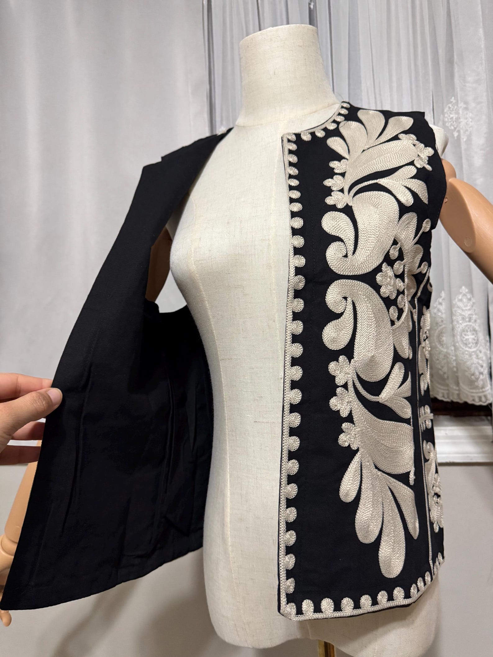 Black Cotton Vest | Cream Floral Embroidery, Dot Trim, Boho Folk Layer ...