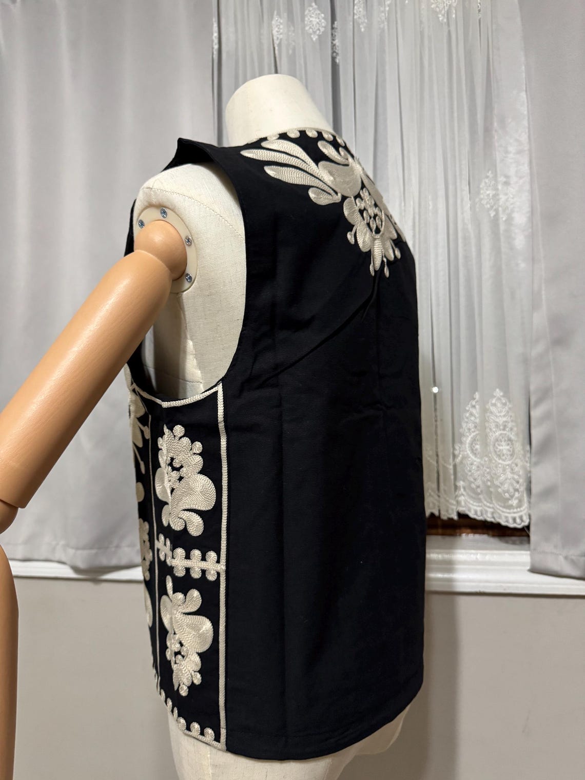 Black Cotton Vest | Cream Floral Embroidery, Dot Trim, Boho Folk Layer ...
