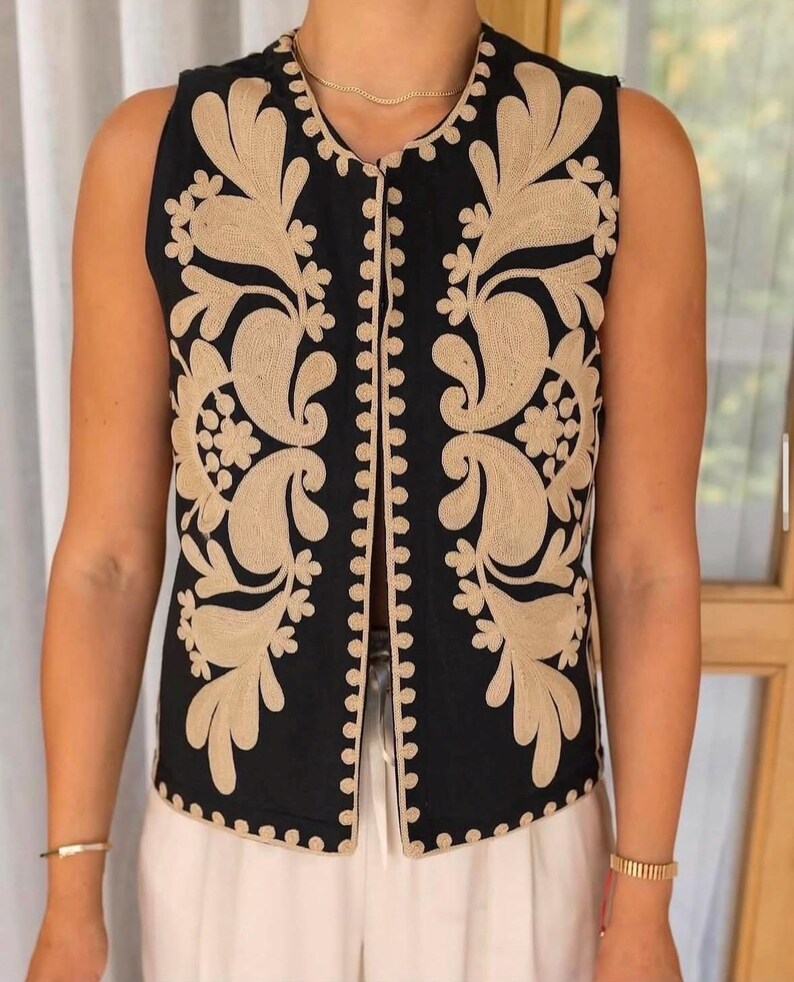 Black Cotton Vest | Cream Floral Embroidery, Dot Trim, Boho Folk Layer ...