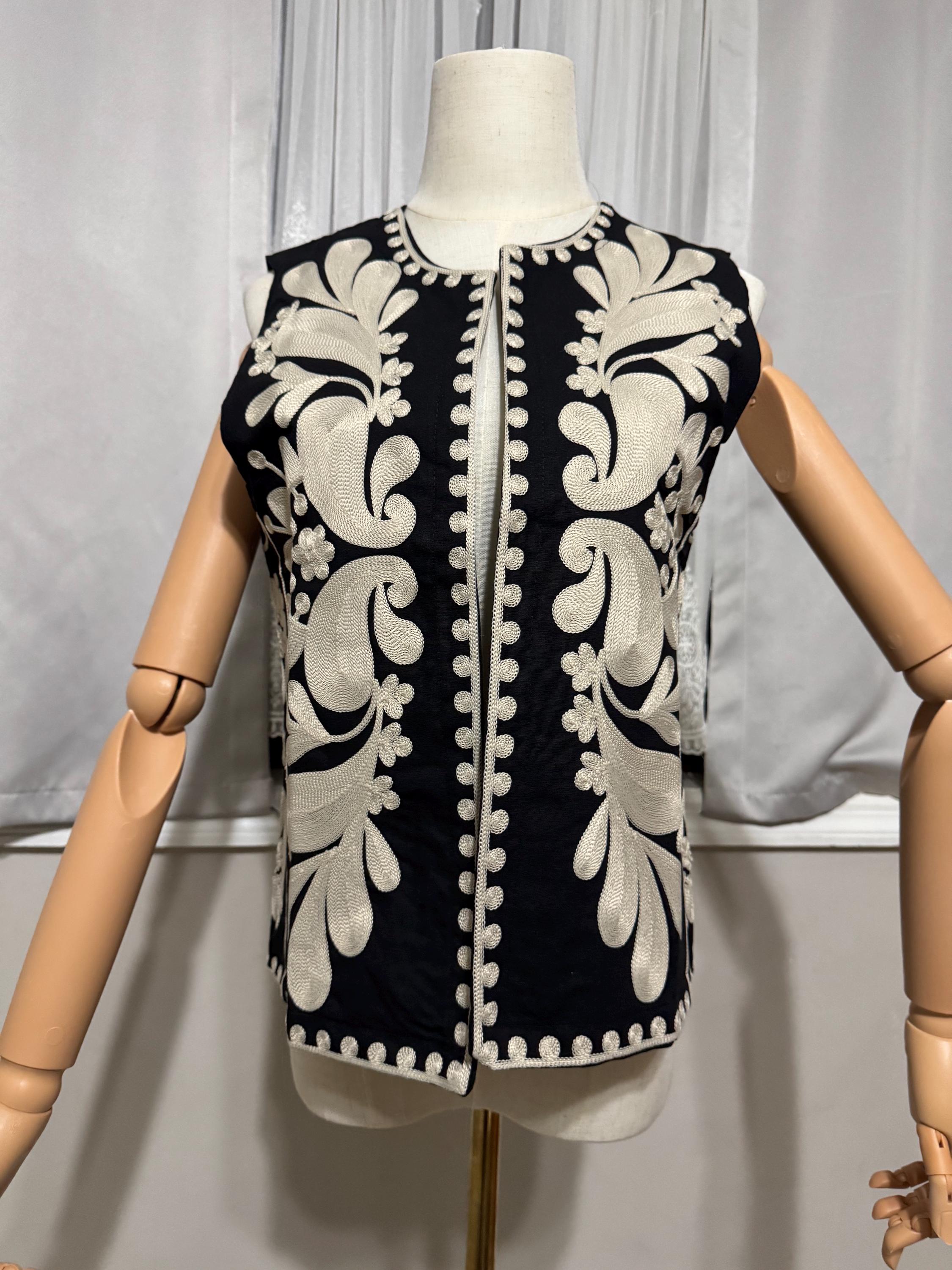 Black Cotton Vest | Cream Floral Embroidery, Dot Trim, Boho Folk Layer ...