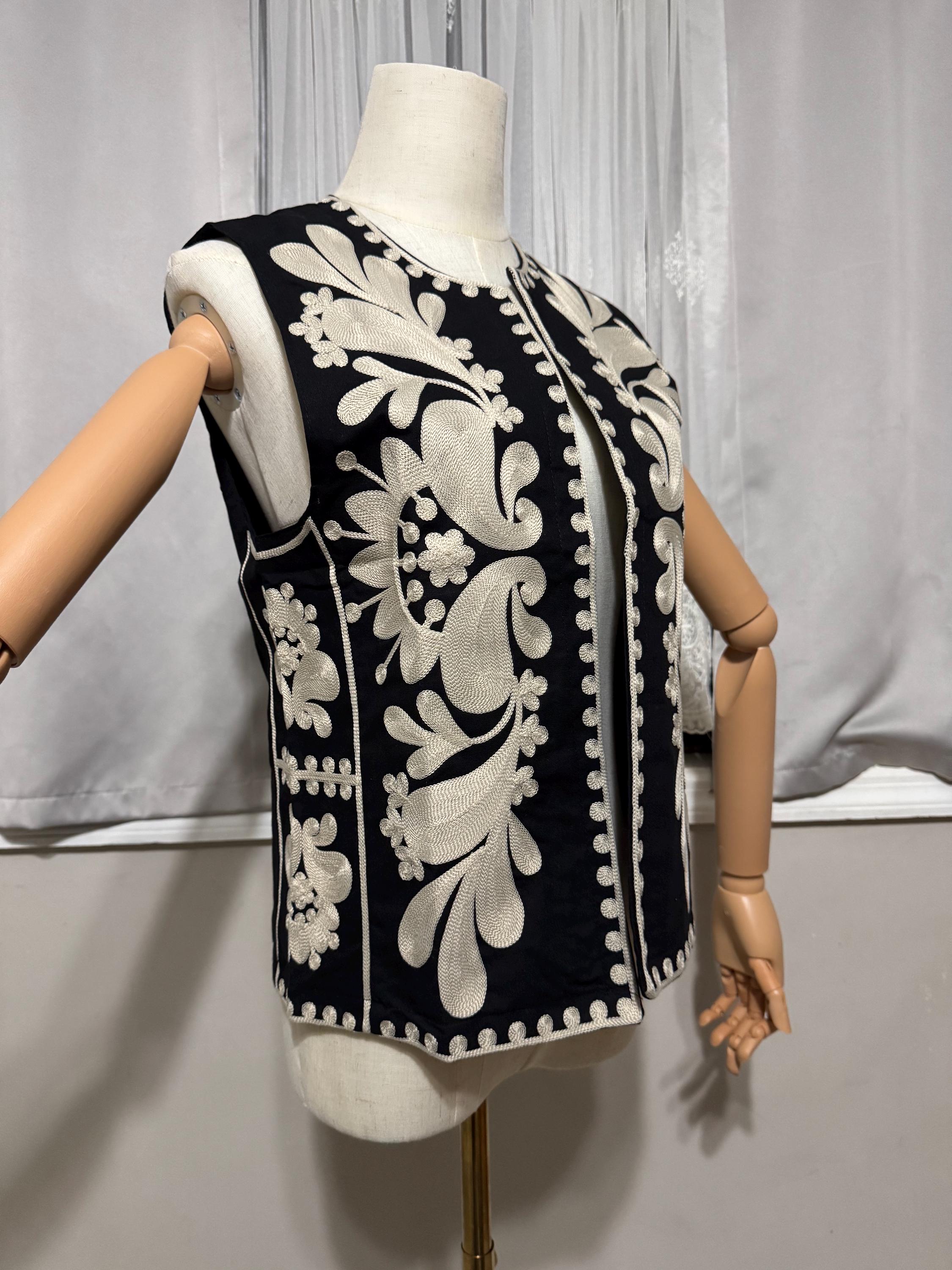 Black Cotton Vest | Cream Floral Embroidery, Dot Trim, Boho Folk Layer ...