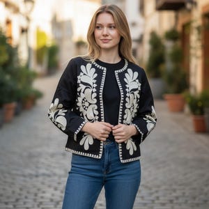 Embroidered Open Front Blazer | Black Navy Boho Floral Jacket, Cream ...
