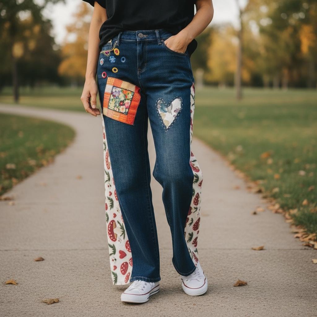 Upcycled Denim Wide Leg Pants | Hand Embroidered, Patchwork & Unique ...