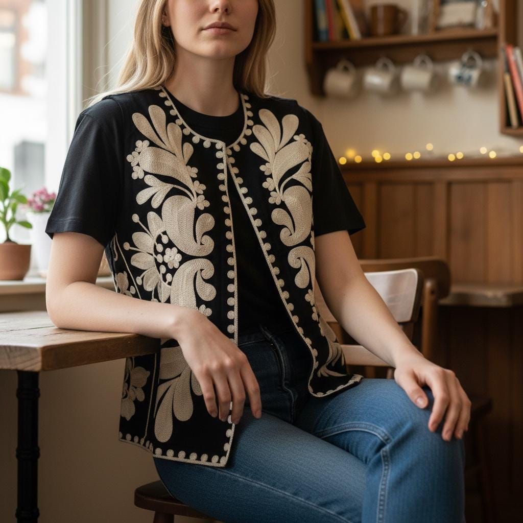 Black Cotton Vest | Cream Floral Embroidery, Dot Trim, Boho Folk Layer ...