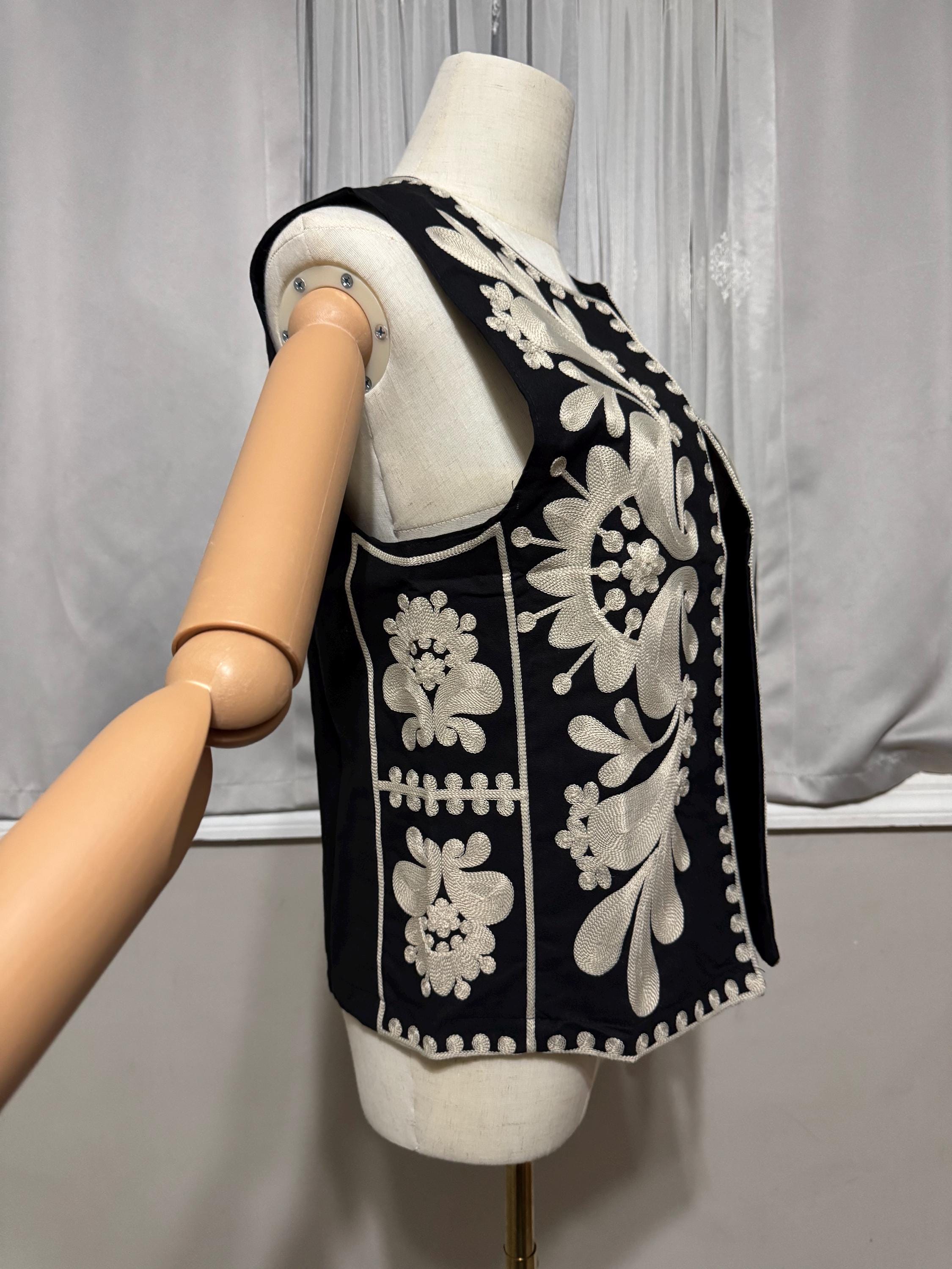 Black Cotton Vest | Cream Floral Embroidery, Dot Trim, Boho Folk Layer ...