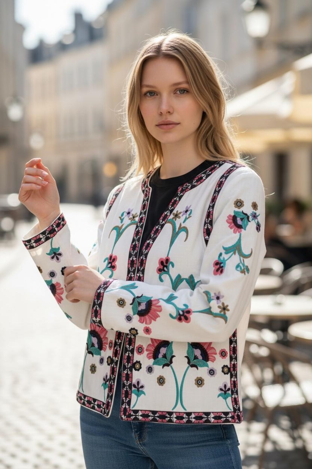 White Denim Jacket With Floral Embroidery – Open Front Spring Jacket - Etsy