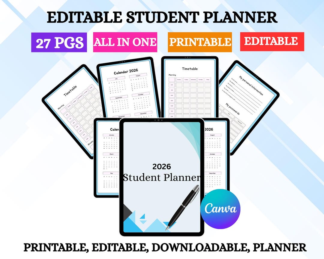 Editable Student Planner | Canva Template | Academic Planner, Homework ...