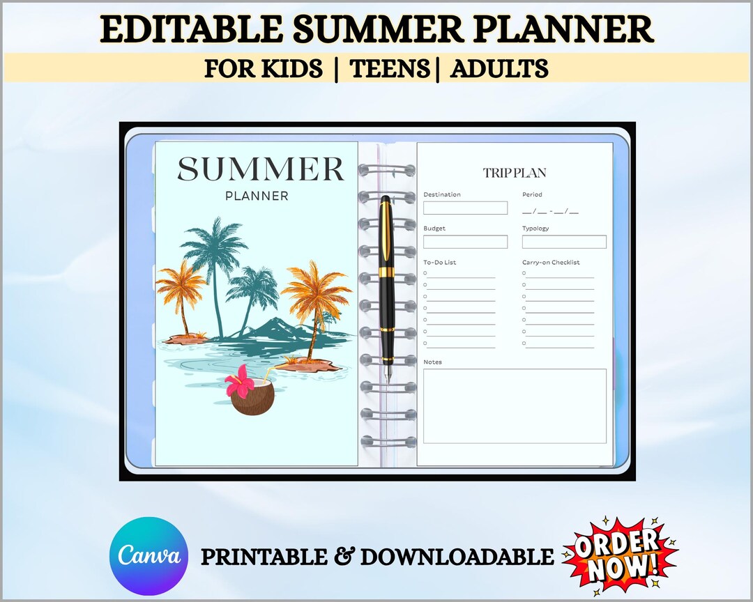 Editable Summer Planner | Canva Template | Vacation Planner, Bucket ...