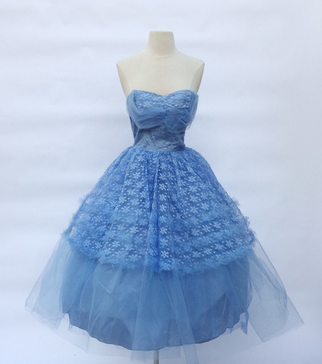 Vintage 50s Blue Tulle Party Dress: Strapless Tea Length, Extra Small ...