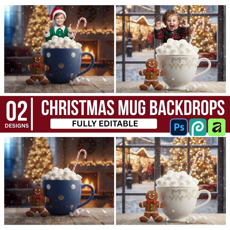 Christmas Hot Cocoa Mug Digital Backdrop, Holiday Photography Overlay ...