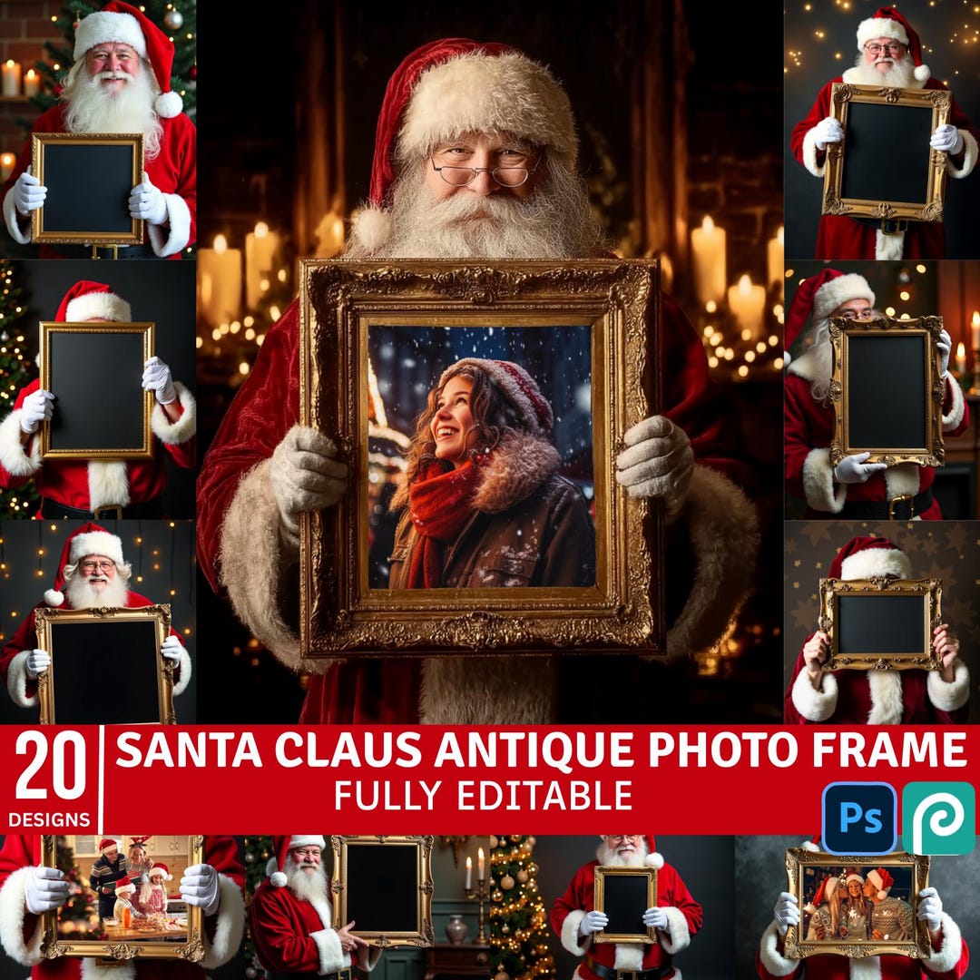 Santa Claus Holding Vintage Frame Digital Backdrops , Christmas Santa ...
