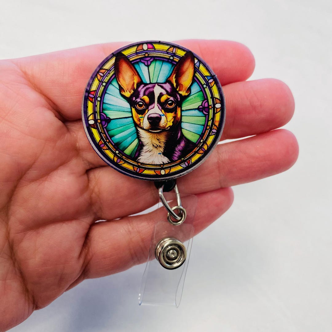Faux Stained Glass Rat Terrier Badge Reel | Dog ID Holder | Resin-free ...