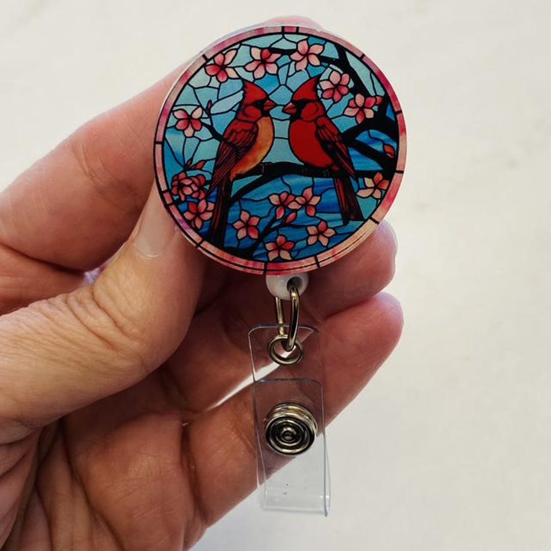 Faux Stained Glass Cardinal Badge Reel | Bird Lover ID Holder - Etsy