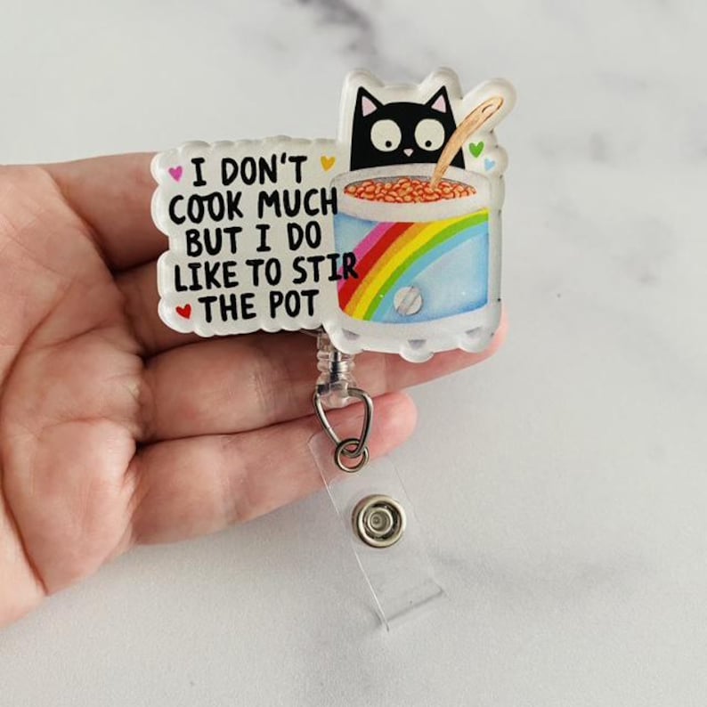 Black Cat Stir the Pot Badge Reel | Sarcastic Acrylic ID Holder - Etsy
