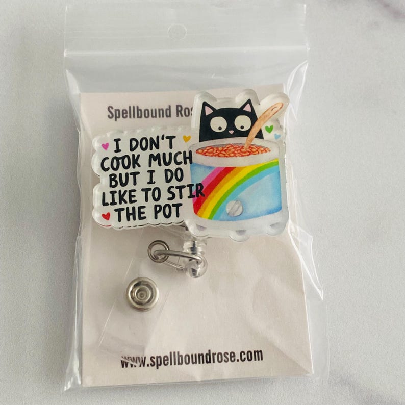 Black Cat Stir the Pot Badge Reel | Sarcastic Acrylic ID Holder - Etsy