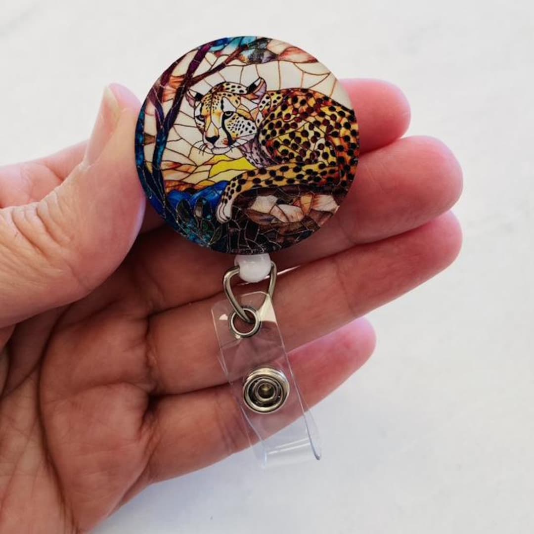 Faux Stained Glass Cheetah Badge Reel | Safari ID Holder - Etsy