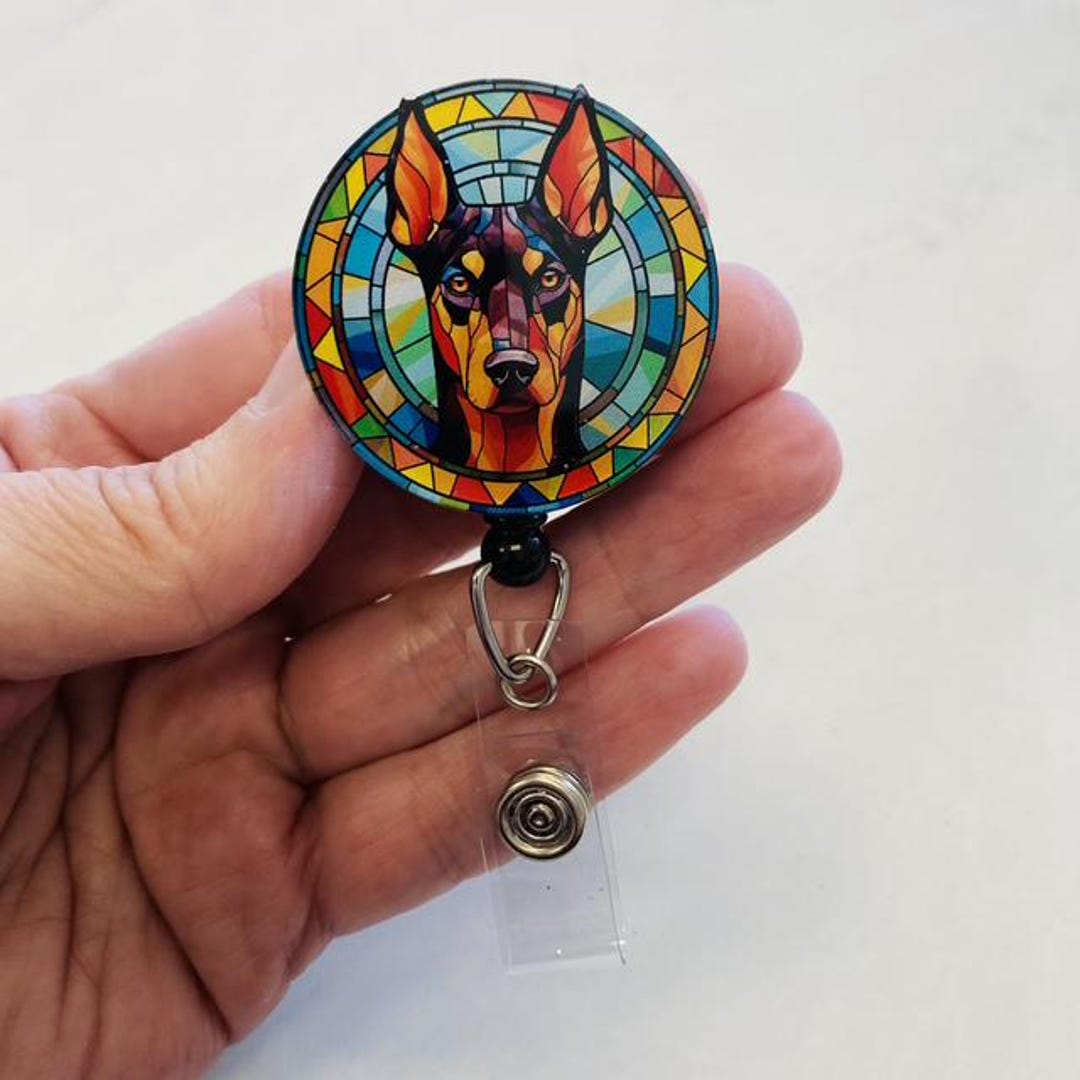 Doberman Pinscher Badge Reel | Faux Stained Glass Dog ID Holder - Etsy