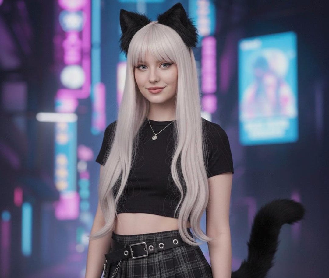 Black Faux Fur Cat Ears and Tail Set - E-girl Neko Cosplay Kit, Twitch ...