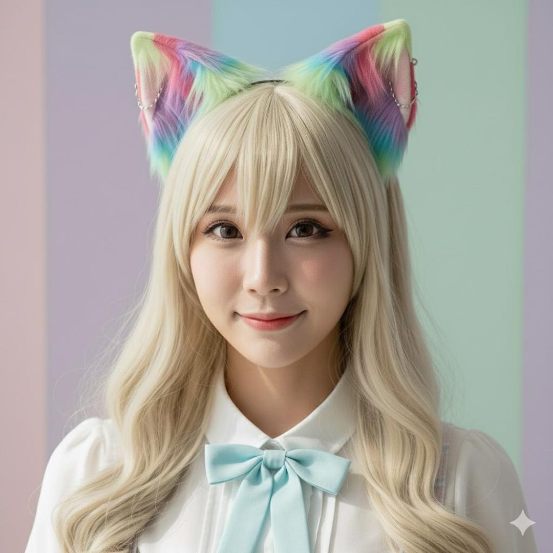 Rainbow Furry Cat Ears Headband With Piercings - Pastel Multi-color ...