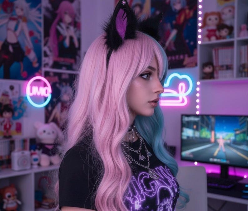 Cyber Goth Black and Purple Cat Ears Headband - Neon Punk Kemonomimi, E ...