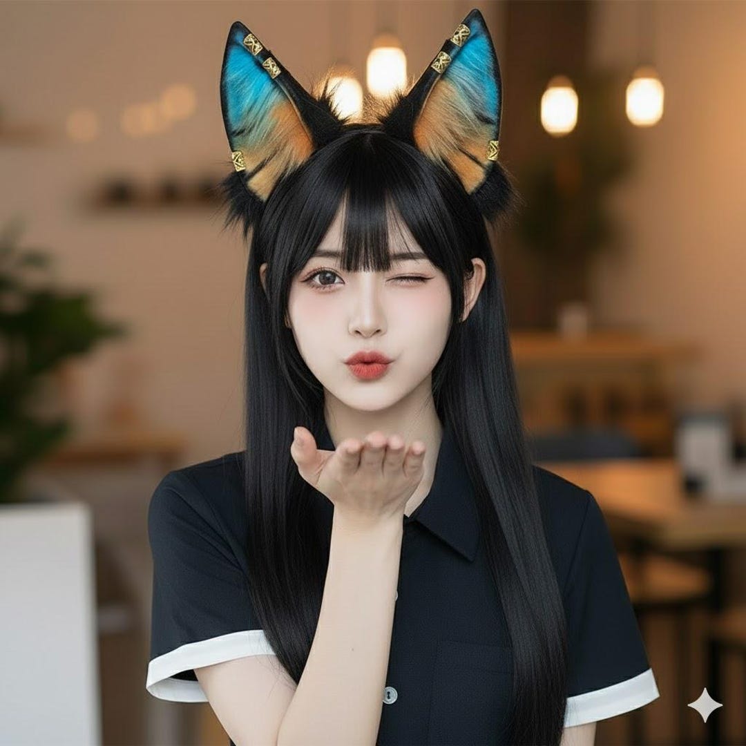 Cyber Kitsune Ears | Neon Blue Orange Fox/wolf Faux Fur Headband | Gold ...