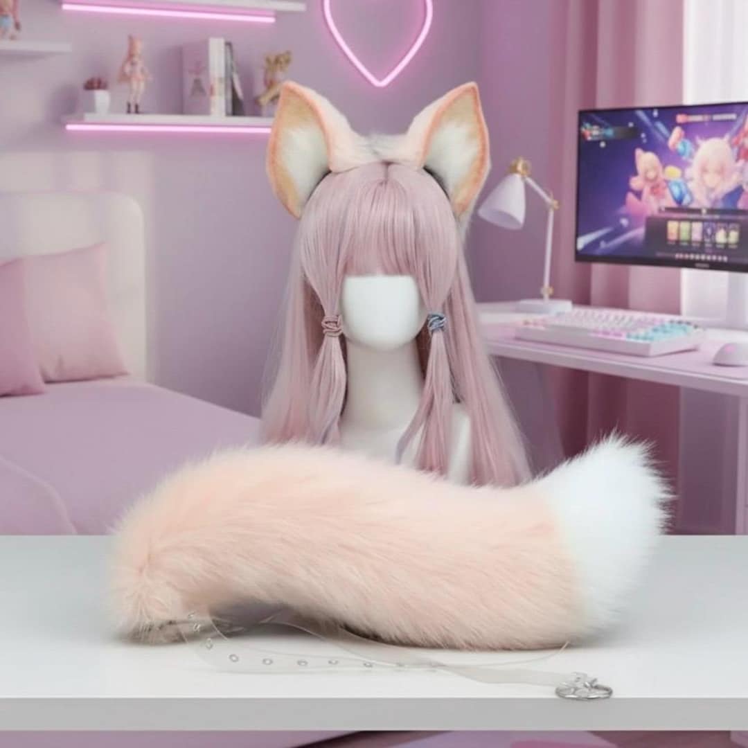 Realistic Peach Fox Ears and Fluffy Tail Set - Pastel Faux Fur Kitsune ...