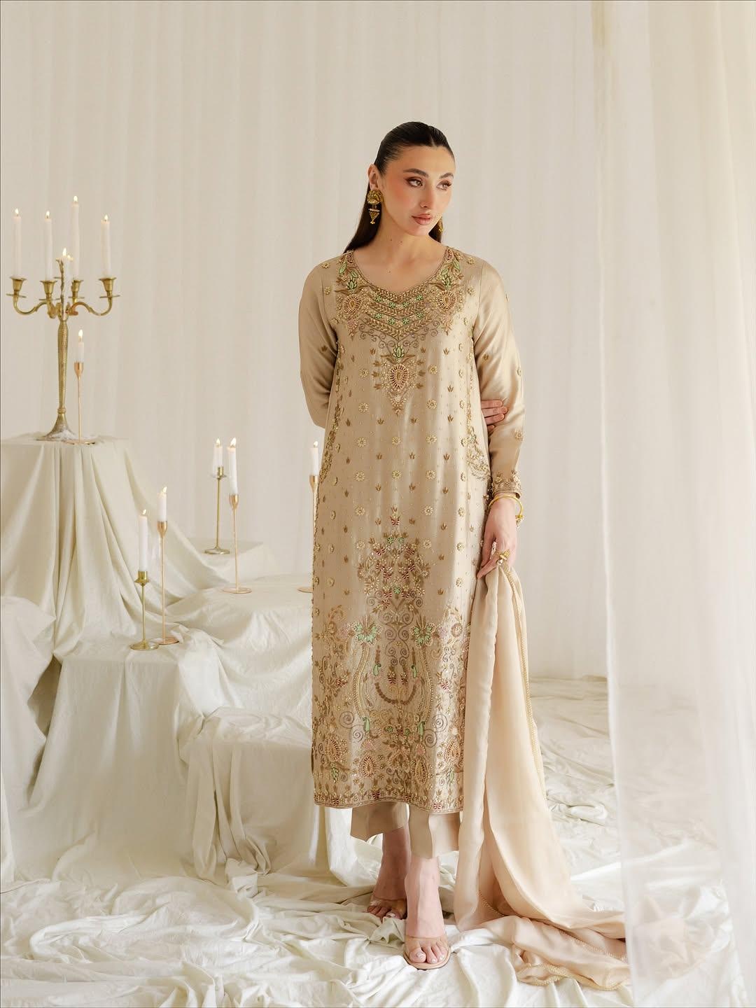 Hand Embroidered Gold Beige Sheesha Silk Pakistani Dress - Etsy