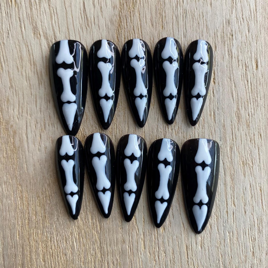 Halloween Skeleton Finger Bone Hand Painted Press on Nails| Long ...