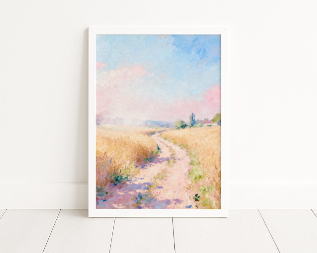 Cottagecore Countryside Path in Golden Fields - Pastel Landscape Art ...