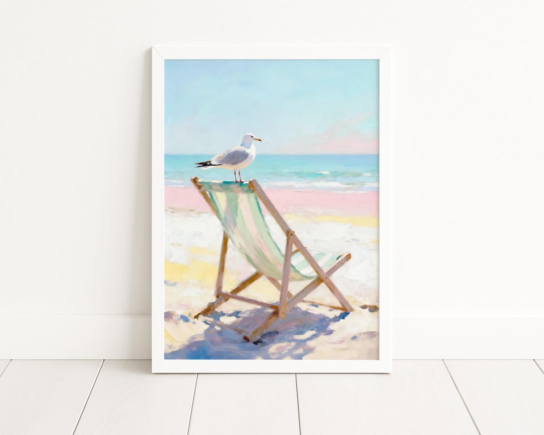 Beachy Coastal Art Print - Nautical Seagull on Deck Chair, Summery ...