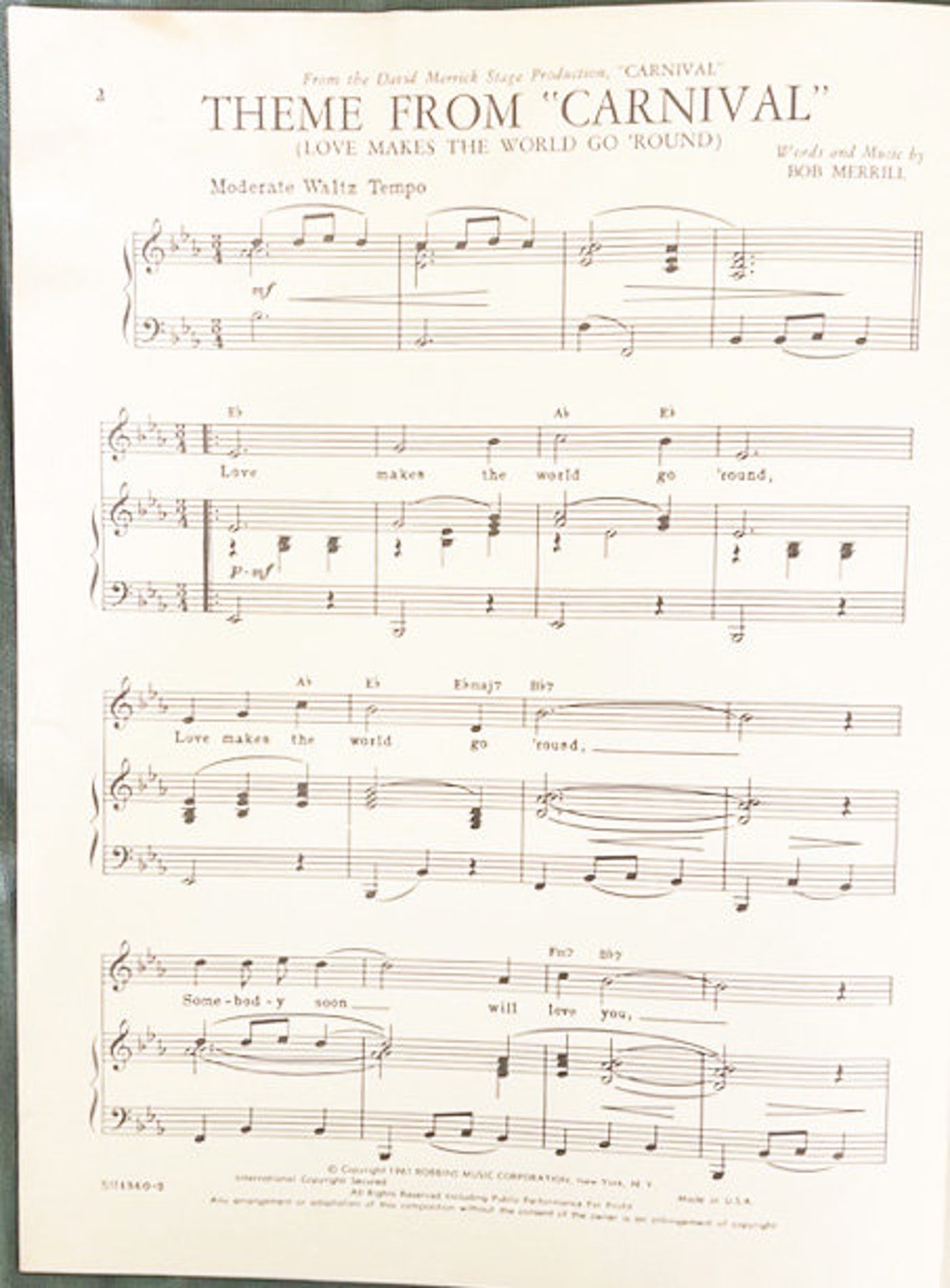 Theme From CARNIVAL. Vintage Sheet Music. 1961. Love Makes the World Go ...