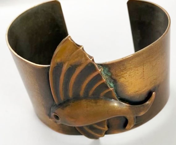 REBAJES Copper Hand Crafted Fish Cuff Bracelet Signed - Gem