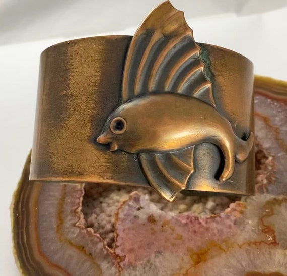 REBAJES Copper Hand Crafted Fish Cuff Bracelet Signed - Gem