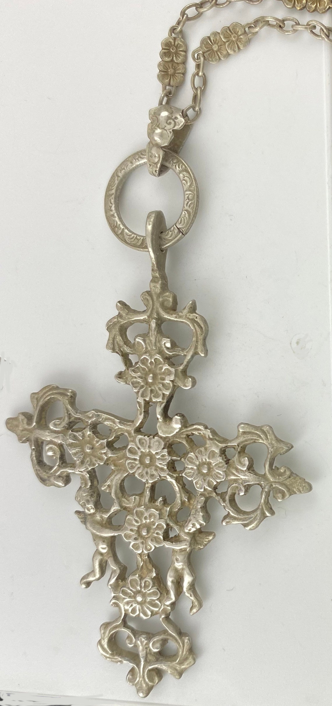 Vintage Victorian Large Mourning Cross With Silver Floral Long Chain ...