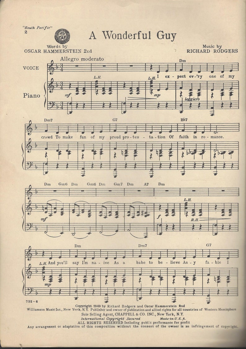 Vintage Sheet Music a Wonderful Guy From South Pacific 1949. Very Good ...